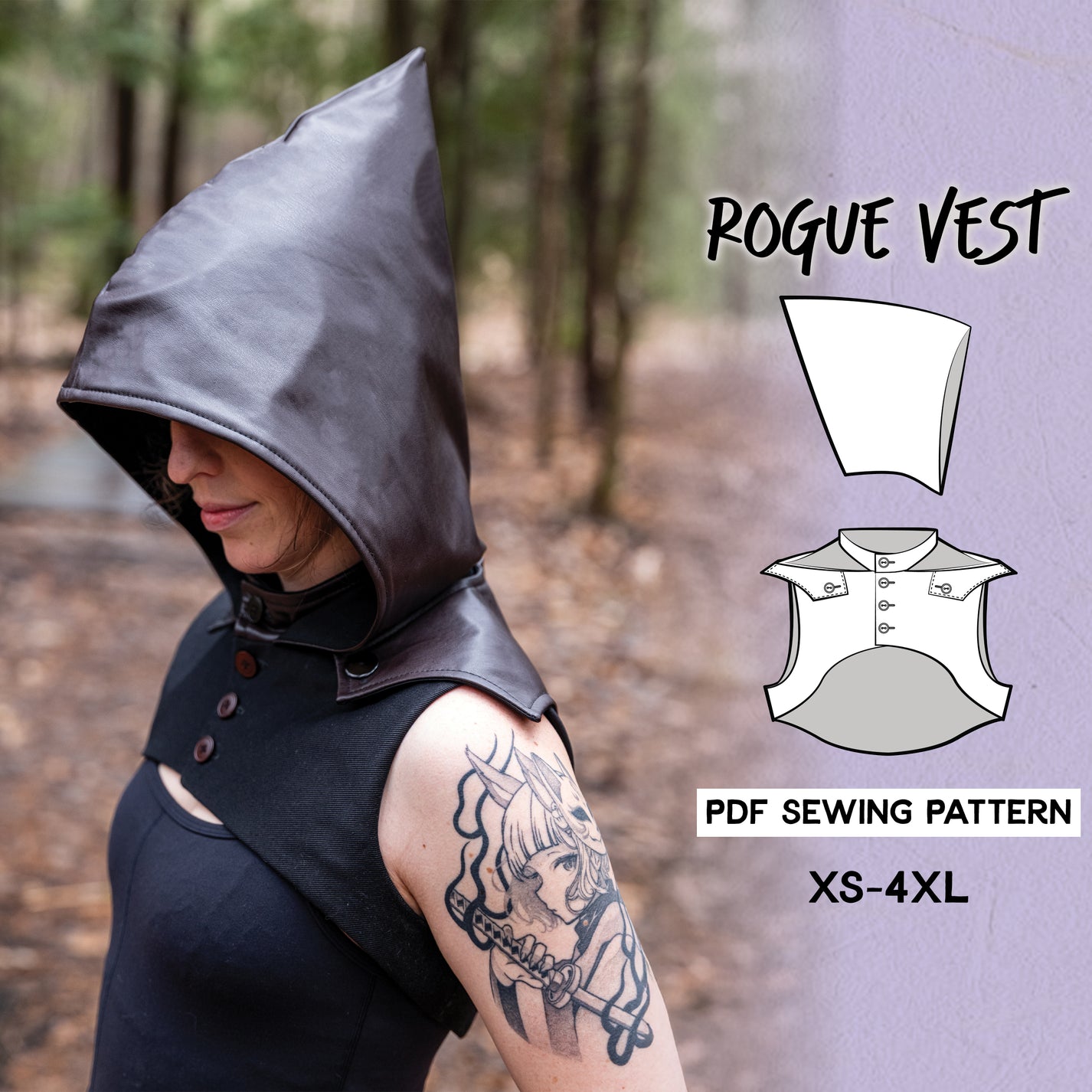 Hooded Half Vest Sewing Pattern PDF – Medieval Hood, & Cosplay